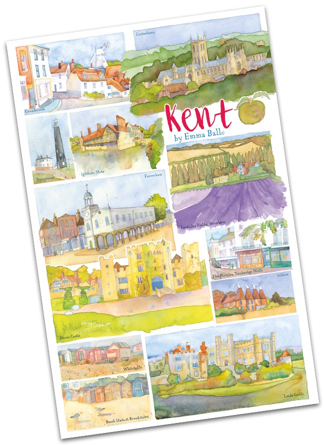 Emma Ball "Kent (A)", Pure cotton tea towel. UK printed.